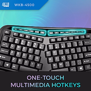 Adesso WKB-4500UB - Wireless Ergonomic Desktop Touchpad Keyboard, Split Keys Design, Palm Rest, Media Control Hotkeys, Long Battery Life - Compatible for Laptop/Desktop, Black