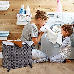 Crehomfy Laundry Hamper with Wheel and Removable Liner Bag, 130L Synthetic Rattan Wicker Handwoven Laundry Basket with Lid and Handle, 3 Section Divided Dirty Clothes Hamper for Laundry Bedroom Gray