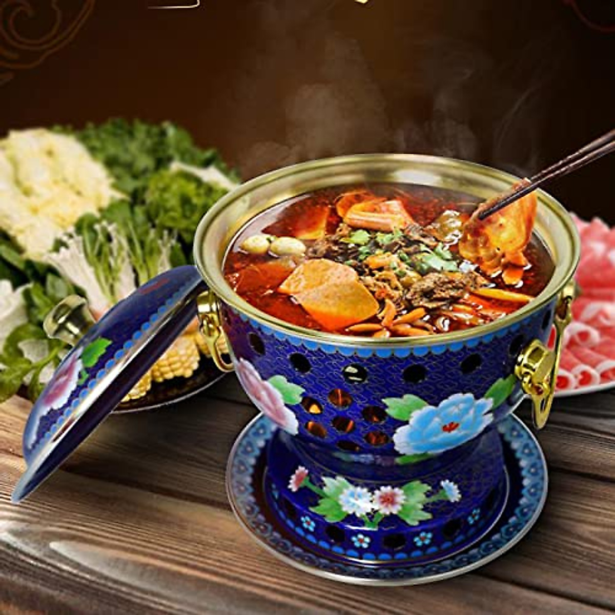 JYSWDZ Round Chafing Dishes, Vintage Hot Pot & Shabu, with Brass Inner Pot and Water Tray, Chinese Cooker Traditional Stew Pot Soup Pot for Cook Cooking