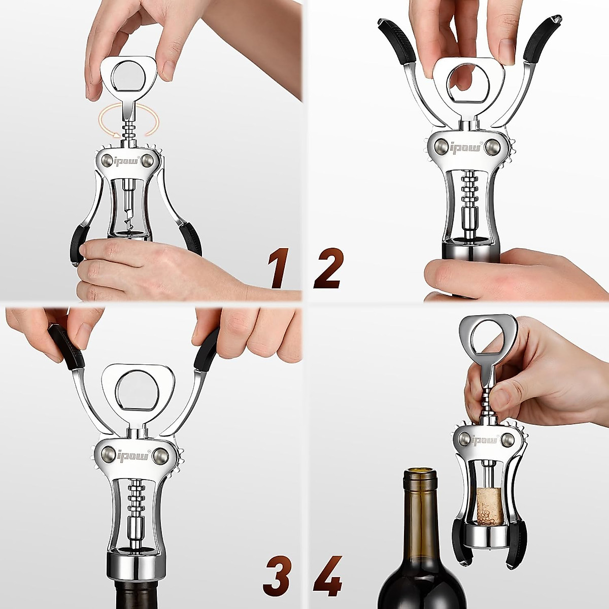 IPOW Wine Opener, Zinc Alloy Wine Bottle Opener, Wing Corkscrew Heavy Duty, Manual Multifunctional Cork Screw for Waiter, Silver
