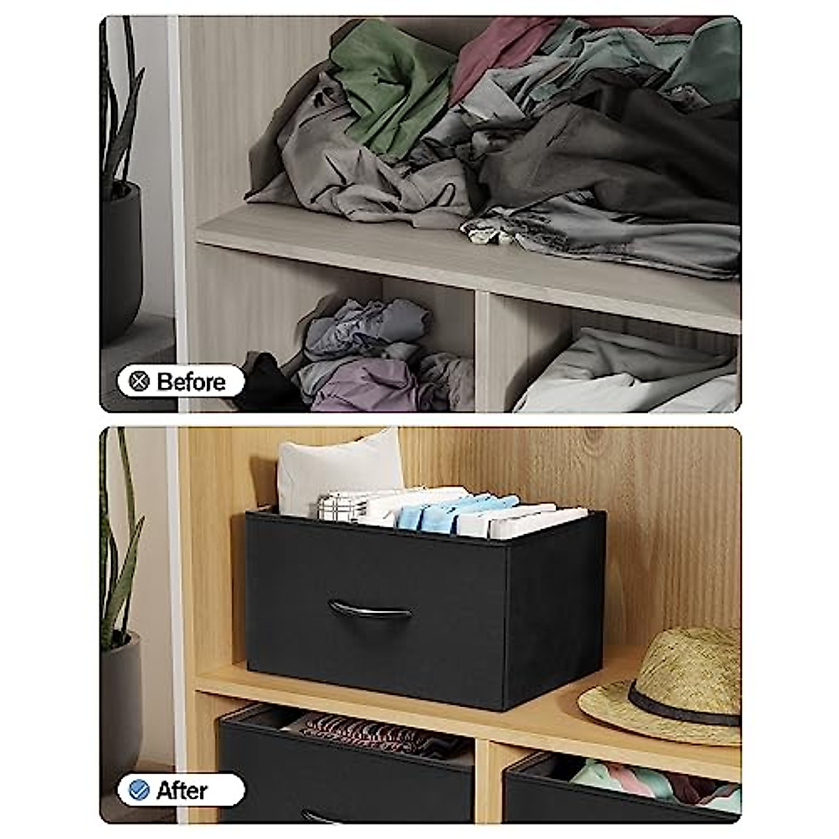 Crestlive Products Fabric Dresser Drawers with Wood Handles, Closet Storage Organizer Bin for Clothes Underwear Bras Socks, Foldable Containers for Bedroom, Hallway, Entryway - Set of 2, Black