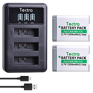 Tectra Dual NB-13L Battery & LED 3-Slot Charger for Canon Powershot G7 X, G5 X, G9 X, SX620 & SX720