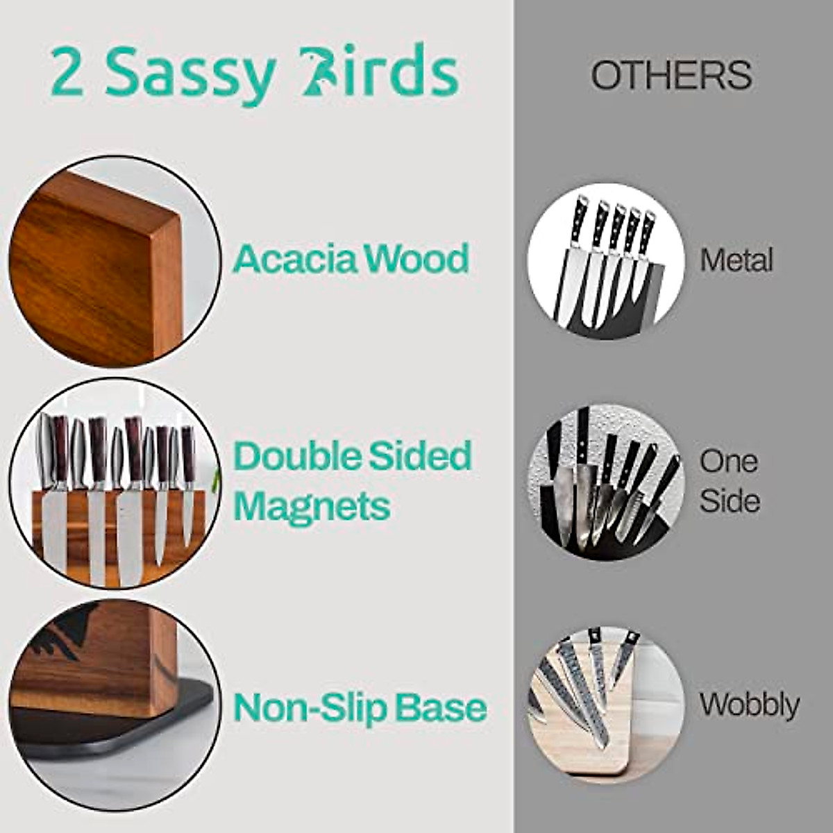Magnetic Knife Block Holder Rack - Acacia Wood Cutlery Storage for 12 Knives Double Sided Magnets & Non-Slip Base - Knives Not Included