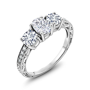 Gem Stone King 10K White Gold Gemstone Birthstone and Lab Grown Diamond 3-Stone Engagement Ring | Oval 7X5MM and Round 5MM | Three Stone Wedding Anniversary Promise Ring For Women