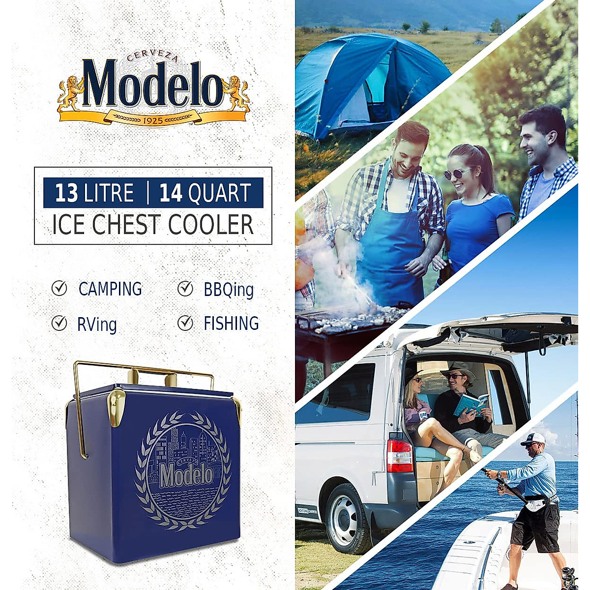 Modelo Retro Ice Chest Cooler with Bottle Opener 13L (14 qt), 18 Can Capacity, Blue and Gold, Vintage Style Ice Bucket for Camping, Beach, Picnic, RV, BBQs, Tailgating, Fishing