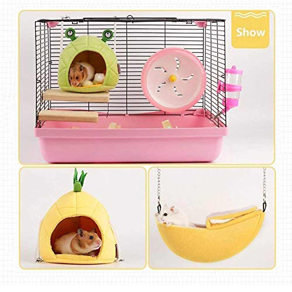 Amakunft 2 Packs of Banana Hamster Hammock, Yellow Hamster Bed for Cage, Cute Syrian Hamster Hammock, Soft Dwarf Hamster Bed for Sugar Glider/Mouse/Rat/Squirrel