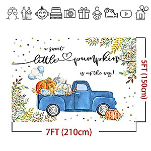 Mocsicka Pumpkin Backdrop for Boy Baby Shower 7x5ft Blue Truck A Sweet Little Pumpkin is on The Way Photo Backdrops Autumn Fall Baby Shower Party Decorations Banner