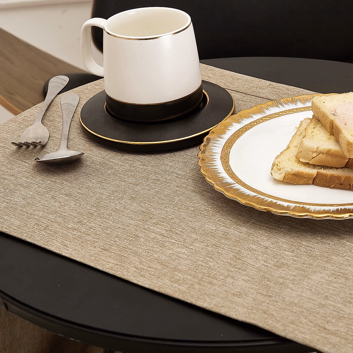 Mebakuk Linen Farmhouse Table Runner Large Burlap Style Soft and Waterproof Decorative Fabric Runner for Outdoor Wedding and Dinner (14 x 36 Inch, Mocha)