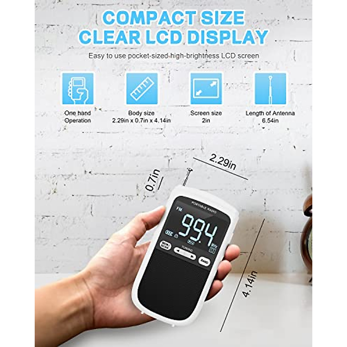 Greadio Portable AM FM Radio, Walkman Transistor Battery Radio with Rechargeable 900mAh Battery, Best Reception, Digtal LCD Screen, Time Seting Pocket Mini Radio for Home, Office, Kids (White)