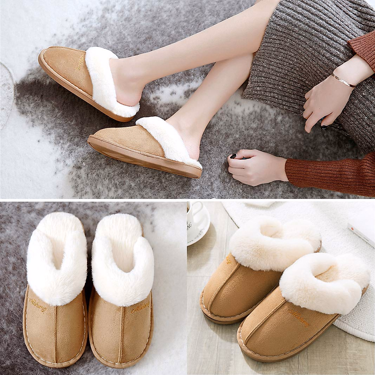 SUSHAN Womens Slippers Soft Plush Warm House Shoes Anti-Slip Fluffy Indoor/Outdoor Slippers Tan 8.5-9