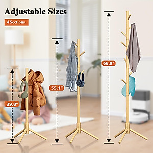 Z&L HOUSE Coat Rack Freestanding, Pure Natural Solid Wooden Coat Tree, 8 Hooks And Adjustable Height Floor Hanger, Used In The Bedroom Living Room Office To Hang Clothes, Hats, Bags