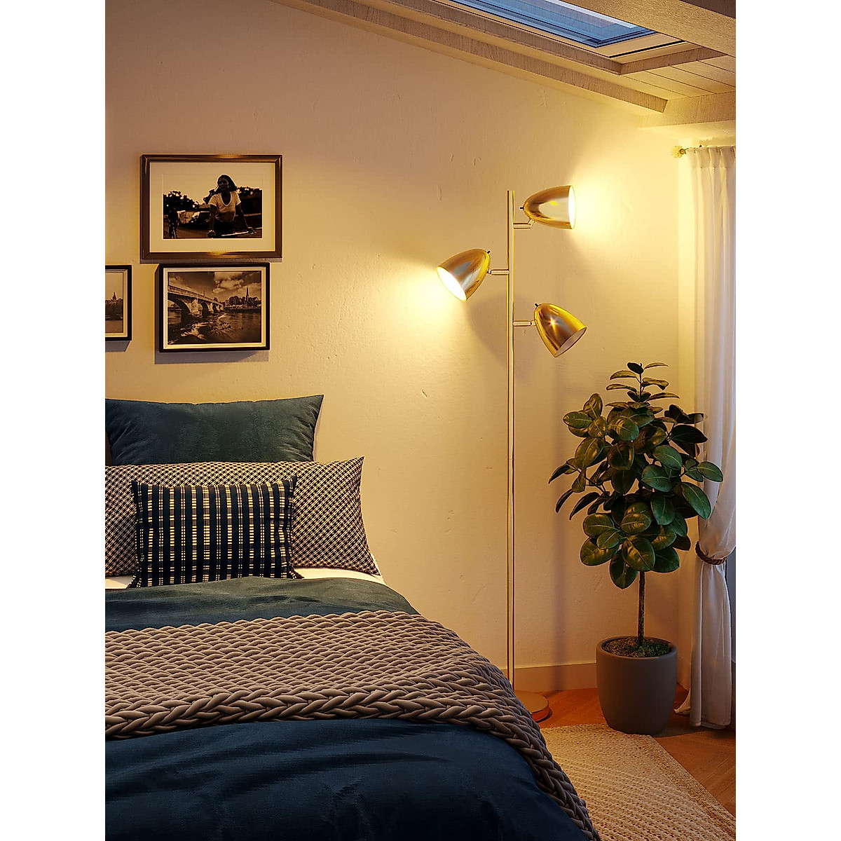 addlon Tree Floor Lamp with 3 Adjustable Rotating Lights and Matching LED Bulbs, Standing Tall Pole Lamps for Living Room, Bedroom, Home, Office - Brass Gold