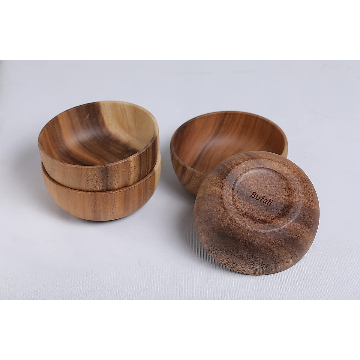 Bufanli Acacia Wood Salad Bowls 6.3 Inches Set of 4 Individual Large Wood Bowl for Cereal Fruits Salads and Decoration