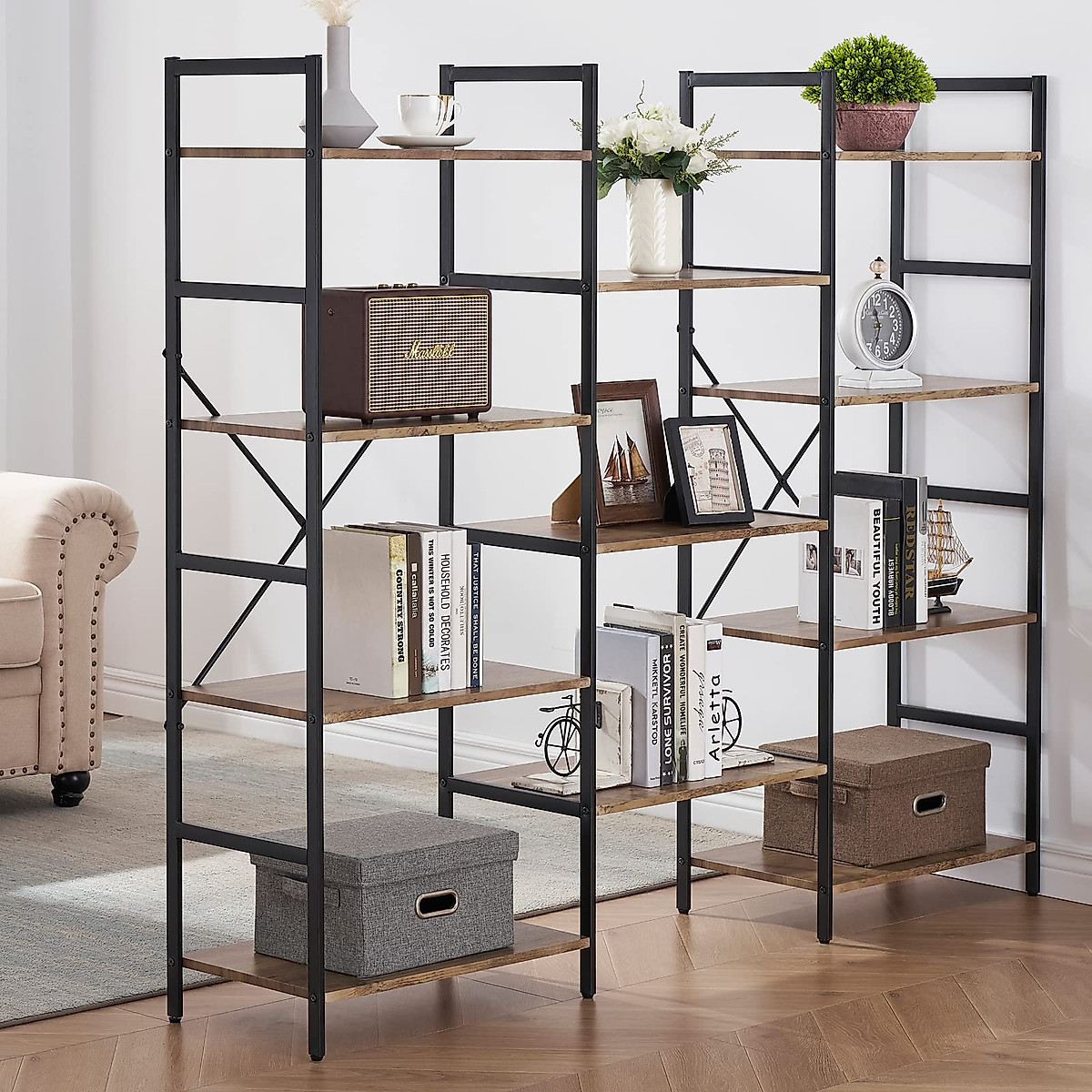 LIFUSTTG Triple Wide 4 Tier Bookshelf, Large Etagere Bookshelves and Bookcase Wood Metal, Industrial Book Shelf Open Display Storage Shelves for Living Room/Home Office