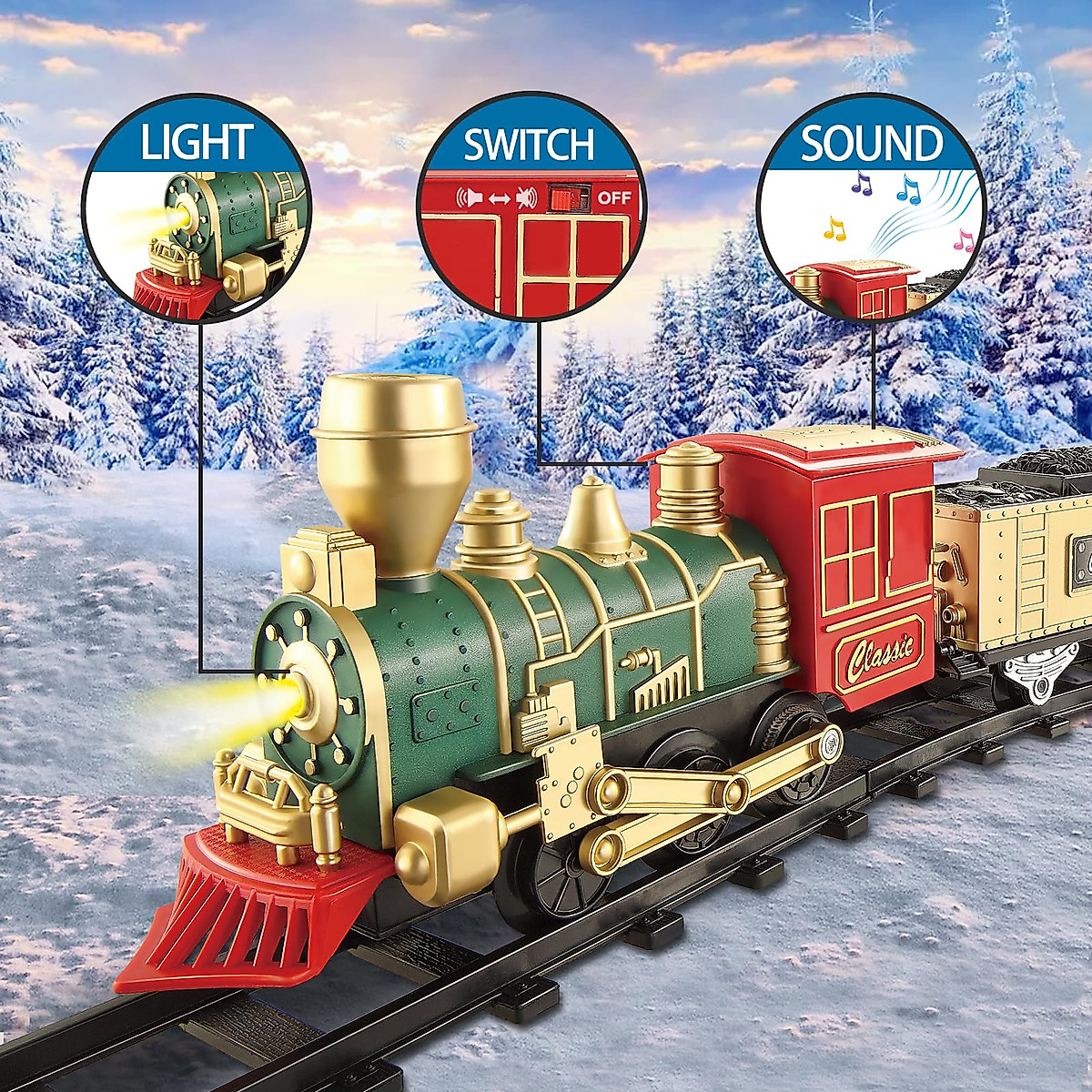 JUQU Train Set-Electric Train Sets for Boys Toddlers Classical Train Toys,Battery-Powered Locomotive Engine with Sound and Lights, 3 Cars &10 Tracks, Christmas Toy Train for Age 3 4 5 6 Years Old Kids