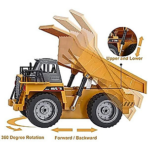 Remote Control Construction Dump Truck Toy 2.4G RC 6 Channel Bulldozer 4 Wheel Driver Mine Construction Alloy Metal Vehicle Truck 1:18 with 2 Rechargeable Batteries for Boys Birthday Xmas Gift