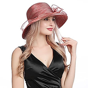 DT DANTIYA Women's Church Derby Hat Wide Brim Floral Bucket Hat Wedding Dress Hat Fascinator Bridal Tea Party Hat (Wine Red)