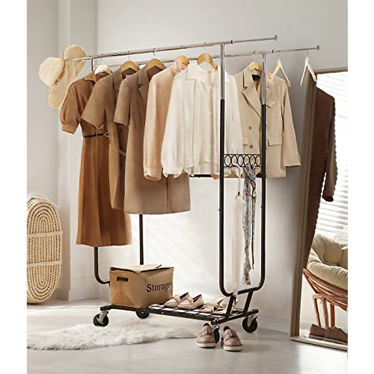 LIFEFAIR Clothing Garment Rack Double Rail Heavy Duty Rolling Clothes Rack with Wheels and Bottom Shelves Capacity 550 lbs Hanging Organizer Stand