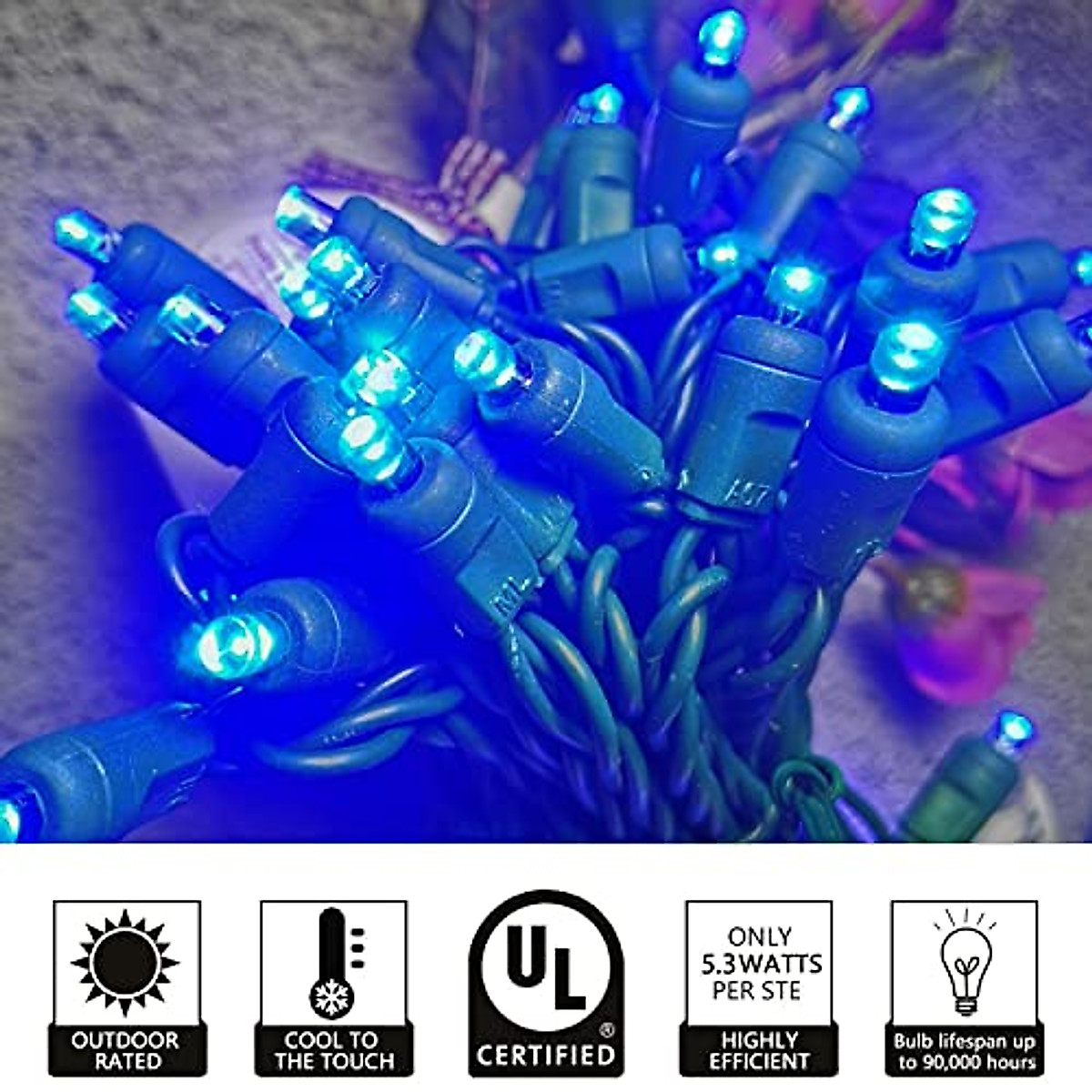 UL Certified LED Christmas String Lights, 17 Feet 50 Count Commercial Grade 5MM Wide Angle Christmas Light Set, Green Wire, Connectable String Light for Patio Garden Wedding Holiday (Blue)