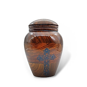 WOODEN Cremation Urns for Ashes Adult Male/Female Engrave Blue Cross & Paw -Decorative Urns-Wooden Small Cremation Urn for Funeral for Pet or Human Ashes.. (ENGRAVE CROSS)
