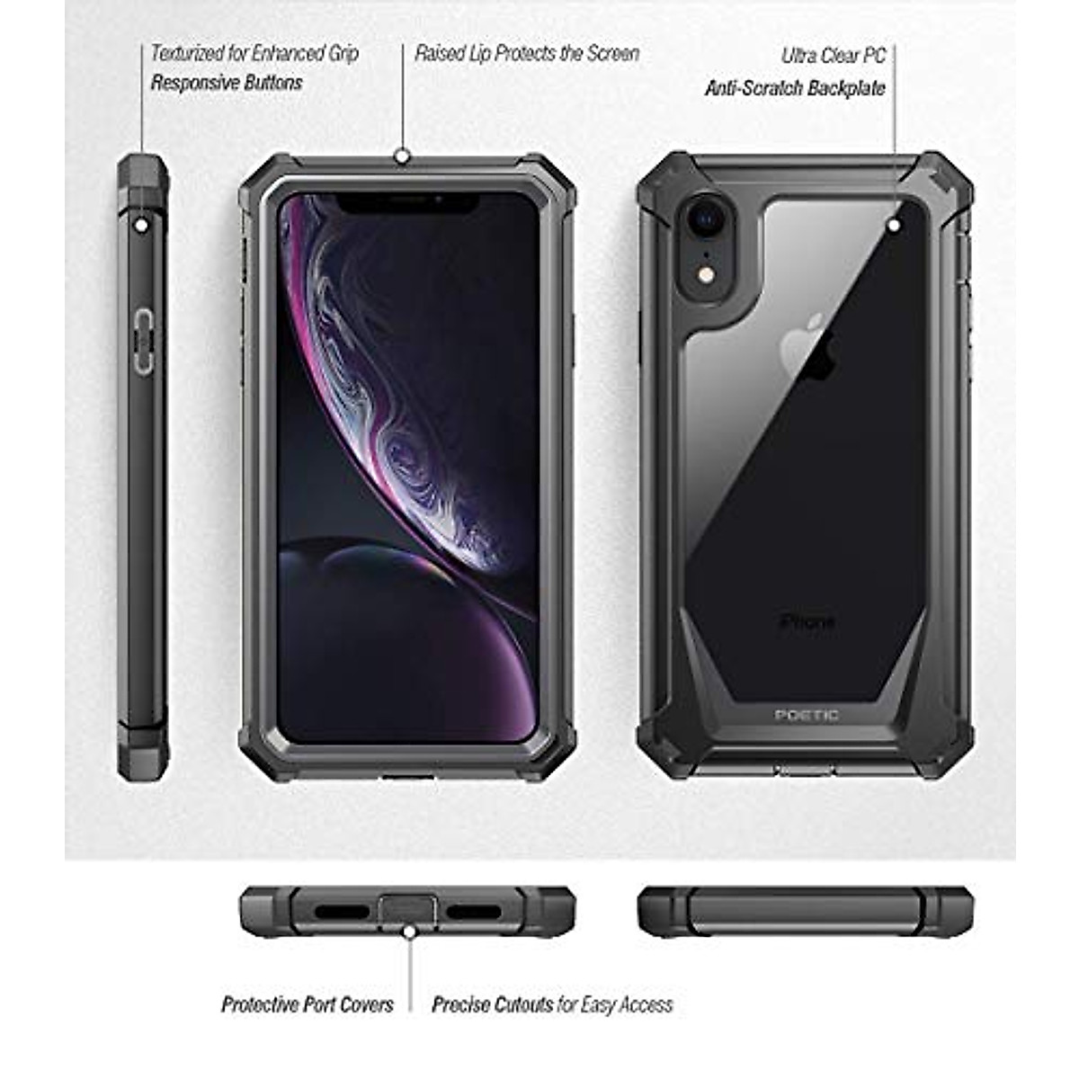 Poetic iPhone XR Case, Guardian [Scratch Resistant Back] Full-Body Rugged Clear Hybrid Bumper Case with Built-in-Screen Protector for Apple iPhone XR 6.1" LCD Display Black