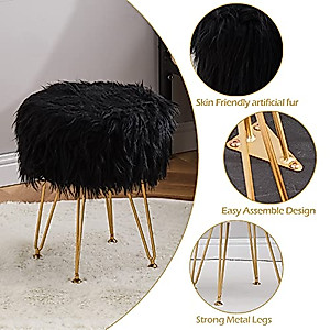 Mxfurhawa Faux Fur Storage Ottoman Round Furry Vanity Stool Marble Grain Tray Coffee Table Compact Footrest Stool with 4 Metal Legs Soft Makeup Seat Foot Stools for Living Room Bedroom Entryway Black