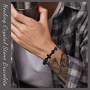 JEWPARK 12Pcs 8MM Cross Beads Semi-Precious Gemstone Bracelet Set Healing Crystal Stone Bracelets for Men Women Round Beaded Stretch Bracelets