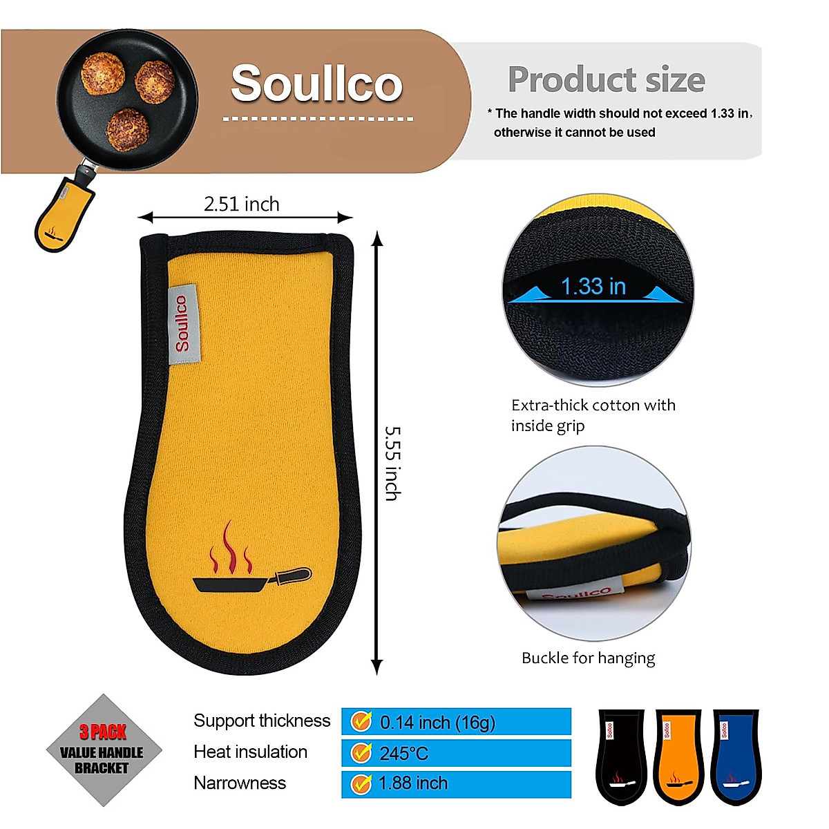 Skillet Handle Cover, Potholder Set Cast Iron Skillet Handle Cover Heat-Resistant Hot Pan Handle Wrap Sleeve, Non-Slip for BBQ Cookware (Multicolor)