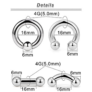 Ocptiy 4G Septum Ring Earrring Gauges Tunnel Plug Piercing stretching kit Big Large Septum Nose pincher Pa Ring Hoop Stainless Surgical Steel Cartilage Helix Tragus Earring Piercing Jewerly Women Men