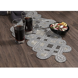 Alpha Living Home Handmade Fancy Scrolled Embroidery Beaded Table Runner for Tabletop and Kitchen Grey/Silver - Home Decor Mat for Wedding Party Family Gathering - Pack of 1 Measure 15.5 x 35 inches