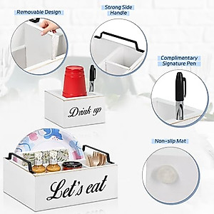 Paper Plate Holders for Kitchen Countertop, Wooden Utensil Caddy with Large Cup Holder, Disposable Paper Plate Organizer Silverware Caddy for Plate, Cup, Fork, Spoon, Napkin, Condiment (Set of 2)