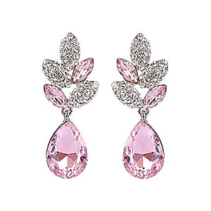 EVER FAITH Rhinestone Crystal Wedding Leaf Teardrop Pierced Dangle Earrings Pink Silver-Tone