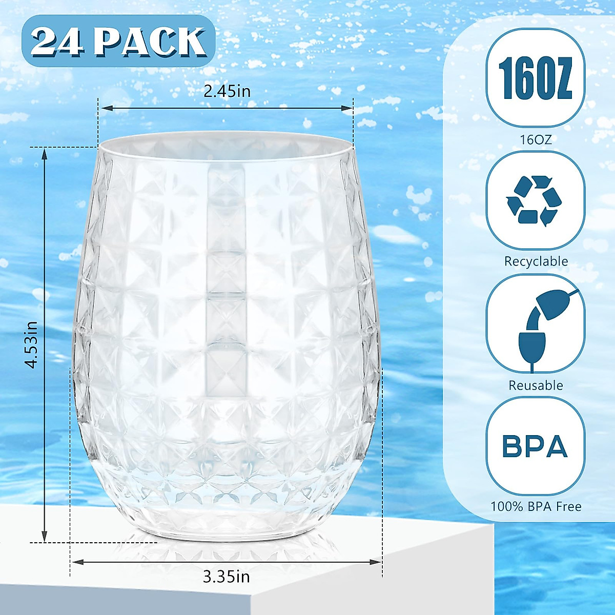 Ctosree 24 Pcs Plastic Wine Glasses 16 oz Plastic Cocktail Glasses Hawaiian Tiki Pineapple Cups Clear Stemless Reusable Whiskey Champagne Cups Shatterproof Unbreakable Mugs for Summer Party Wedding