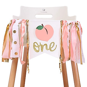 WAHAWU Peach 1st Birthday Banner - One Little Peach High Chair Banner, Birthday Party Gifts for Girls, Pink First Birthday Banner, Photo Prop Party, Peach and Gold (Peach 1st Birthday Banner)