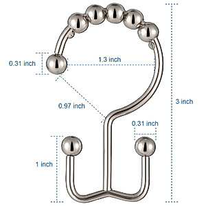 TOPROD Shower Curtain Hooks Rings, Double Sided Shower Curtain Hooks, Stainless Steel Shower Hooks Rust Proof for Bathroom Shower Curtain Rod Curtains, Free Gliding, Brushed Nickel, Set of 12