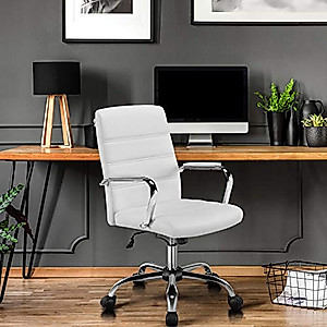 Yaheetech Mid-Back Office Chair with Arms 360° Swivel PU Leather Height Adjustable Office Executive Chair, White