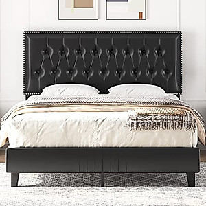 Yaheetech Full Bed Frame Faux Leather Upholstered Platform Bed with Height-Adjustable Headboard, Button Tufting & Nailhead Trim/Noise-Free/Wood Slats Support/No Box Spring Needed, Black Full Bed
