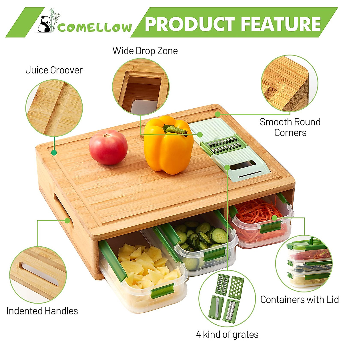 COMELLOW Bamboo Cutting Board with Containers - Large Wood Cutting Board with Stackable Containers and Locking Lid - Chopping Board with Built-in Graters - House Warming Kitchen Gifts New Home