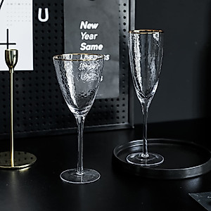 1500° C TABLETOP Wine Glasses Set of 4, 12 oz. Long Stemmed Gold Rim Hammered Glasses for White and Red Wine