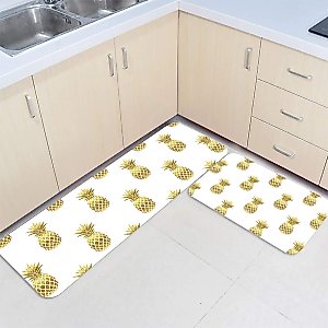 Kitchen Mat Set of 2, Gold Fruit Pineapple Filling Non Slip Kitchen Rugs and Mats for Floor, White Absorbent Bath Runner Rug Set Washable Floor Mats for Home Entrance/Kitchen Sink/Bathroom Tub