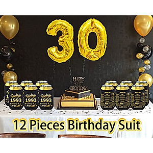 BdayPtion 30th Birthday Decorations for Men Women, 30th Party Decorations, 30 Year Old Bday Party Supplies, Thirty Birthday Present, Black and Gold Pack of 12 Can Cooler Sleeves