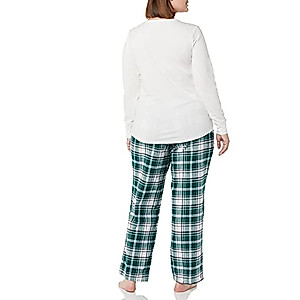 Amazon Essentials Women's Lightweight Flannel Pant and Long-Sleeve T-Shirt Sleep Set, Green/White/Clay, Plaid, Medium