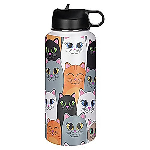 Greenieey Colorful Cats Insulated Water Bottle with Straw for Sports and Travel,Stainless Steel Thermos Flask for Adults＆Kids White 1000ml (32oz)