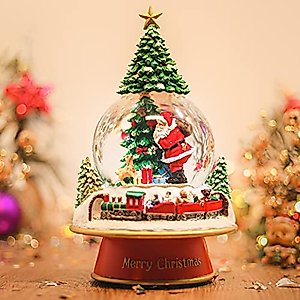 Christmas Snow Globe Santa Claus & Christmas Tree Color Changing Lighted Musical Water Globe with Train Decor Battery Powered Water Resin Glass Balls Table Decor, for Kids&Woman