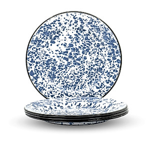 Red Co. Set of 4 Enamelware Metal Classic 10" Round Dinner Plate, Navy Blue Marble/Black Rim - Splatter Design