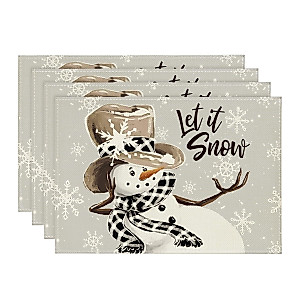 Artoid Mode Grey Snowman Snowflakes Let it Snow Winter Placemats Set of 4, 12x18 Inch Seasonal Christmas Table Mats for Party Kitchen Dining Decoration
