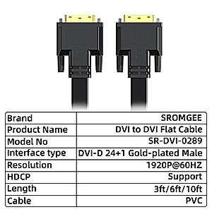 SROMGEE DVI Cable 6Ft, DVI to DVI Flat Design Dual Link Cable Male to Male Computer Monitor Cord, DVI-D Connector PC TV Laptop Display Video Cable (6FT, Black)…