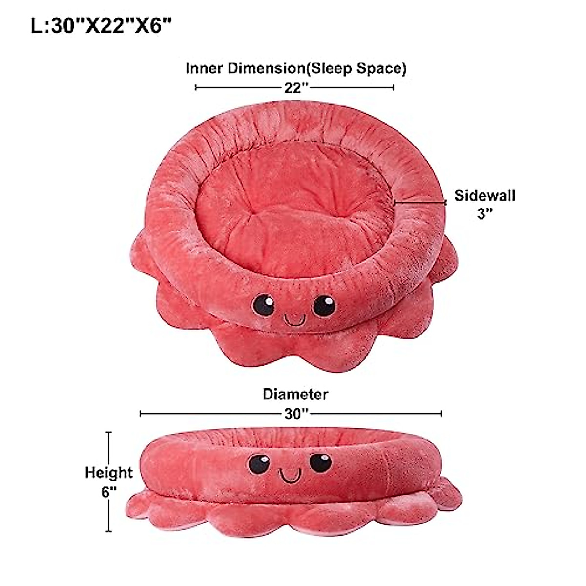 Jiupety Cute Octopus Dog Bed with Smiling Face, Soft Round Dog Bed with Removable Cushion, Cartoon Style and Smiling Face, Luxury, Soft, Comfy, Cozy, Fit Small to Large Dogs (Red)