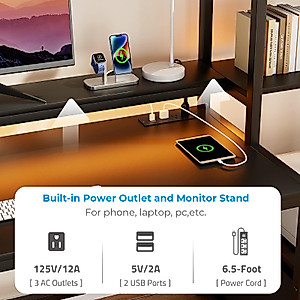 GreenForest Office Desk with Power Outlets and Printer Shelf, 59 inch Computer Desk with LED and Drawer, Reversible Gaming Desk with Storage for Home Study Working,Black