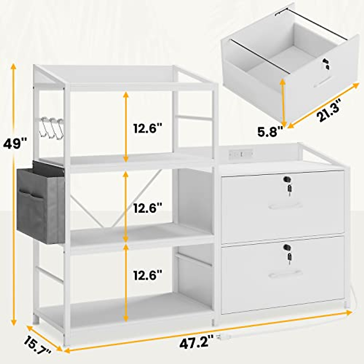 SEDETA 47” File Cabinet with Power Strip, Filing Cabinet fits Legal, Letter, A4 Size, 2 Drawer File Cabinet for Home Office with Open Shelf, Lock and 3 Hooks